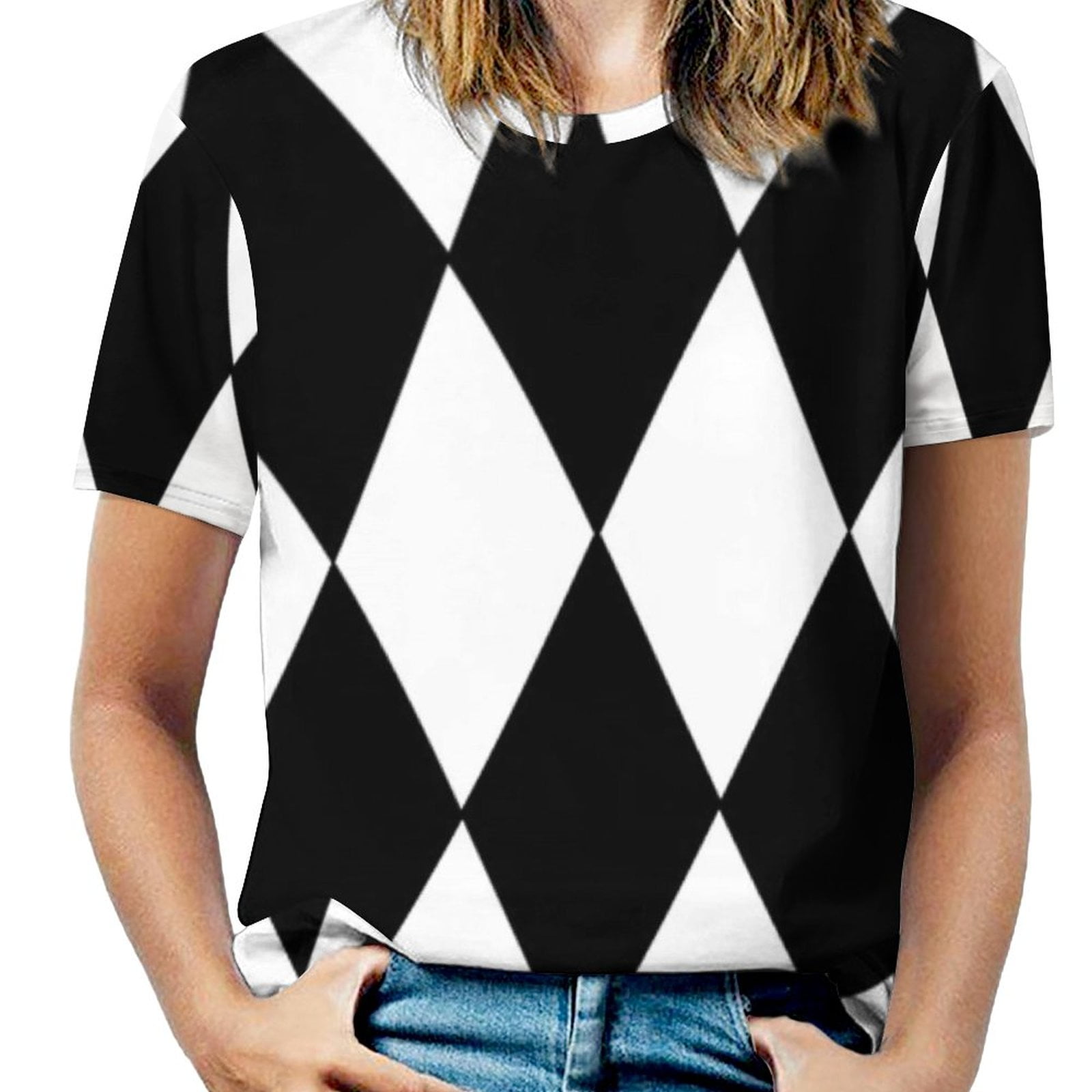 Black And White Pattern New Fashion Zip Off Shoulder Top Short-Sleeve ...
