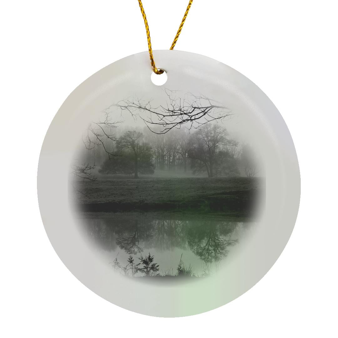 3drose, Black and White Photo of Trees Reflecting in the Water on a Foggy Day., Circle Porcelain ...