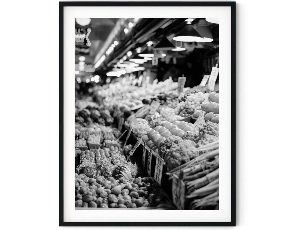 Black And White Photo Wall Art Print Fruit And Vegetable Market Poster ...