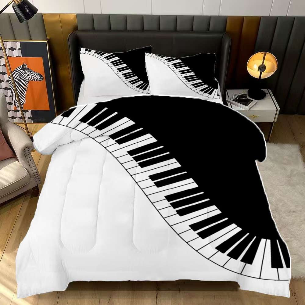 Black And White Piano Keyboard Comforter Set Twin Size Bedding Set For ...