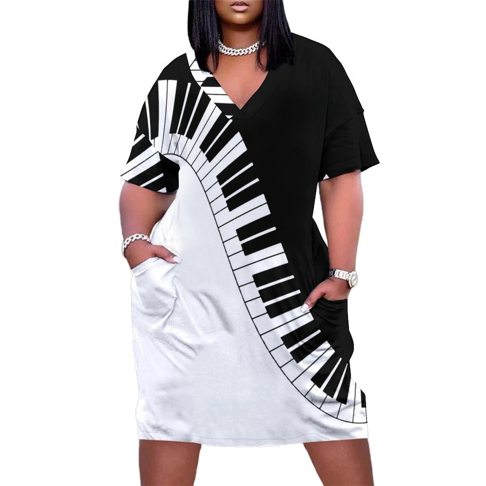 Black And White Piano Keyboard Loose Pocket Dress Dresses Summer Summer ...