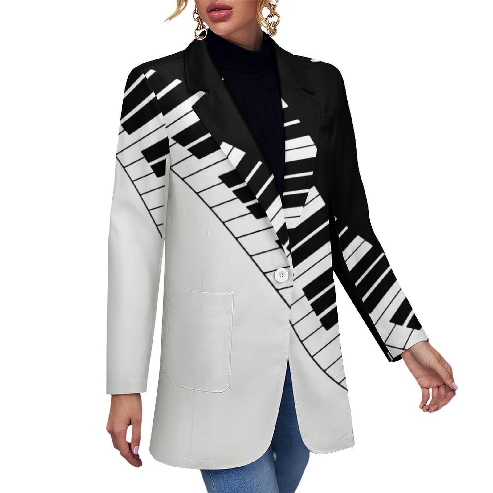 Black And White Piano Keyboard Woman Casual Loose Suits Summer Jacket ...