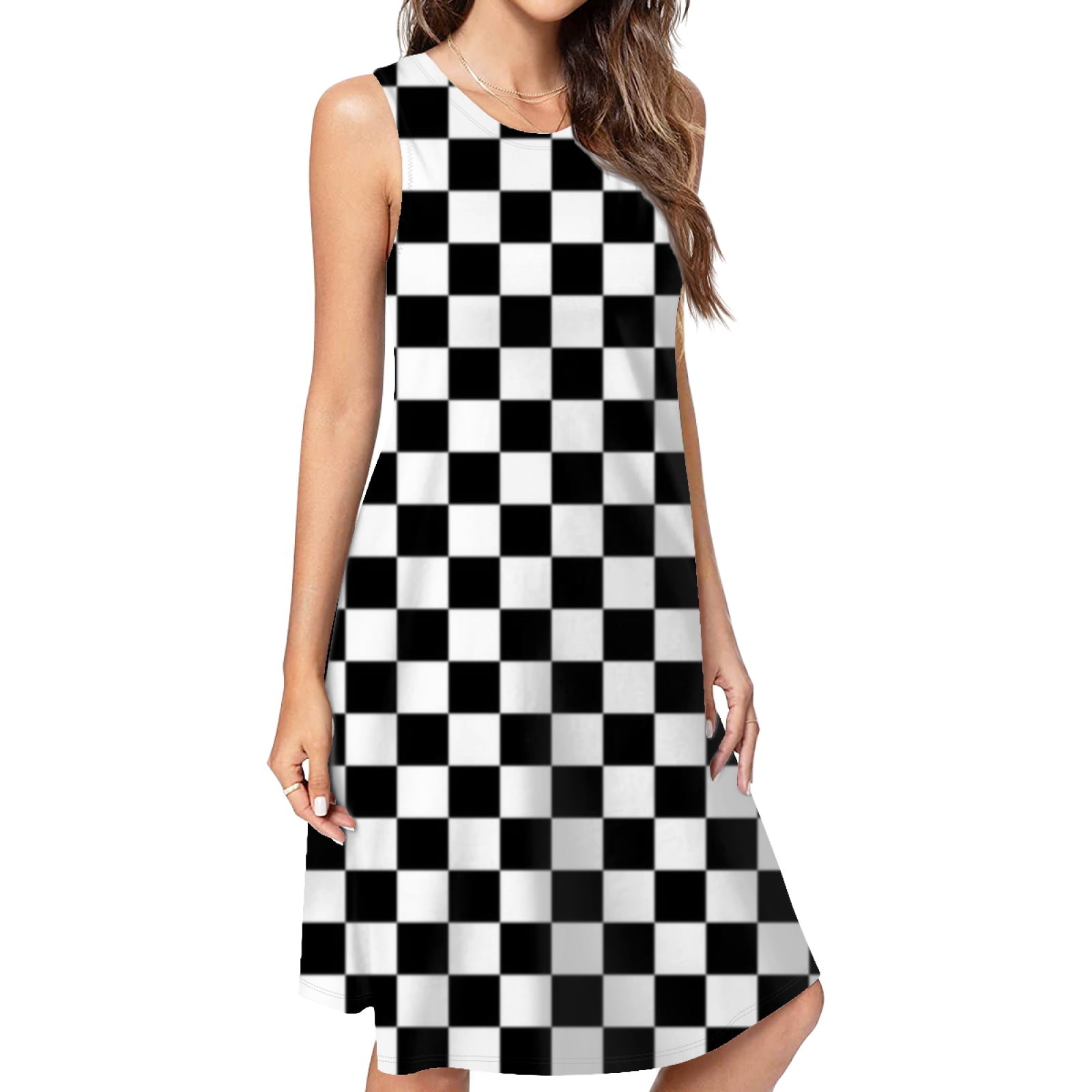 Black And White Plaid Dress Elegant Party Dresses Evening Dresses Women Dress Sleeveless Dress ...
