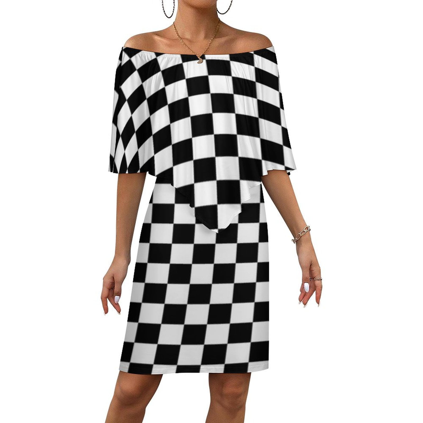Black And White Plaid Women's Off The Shoulder Ruffles Summer Wedding ...