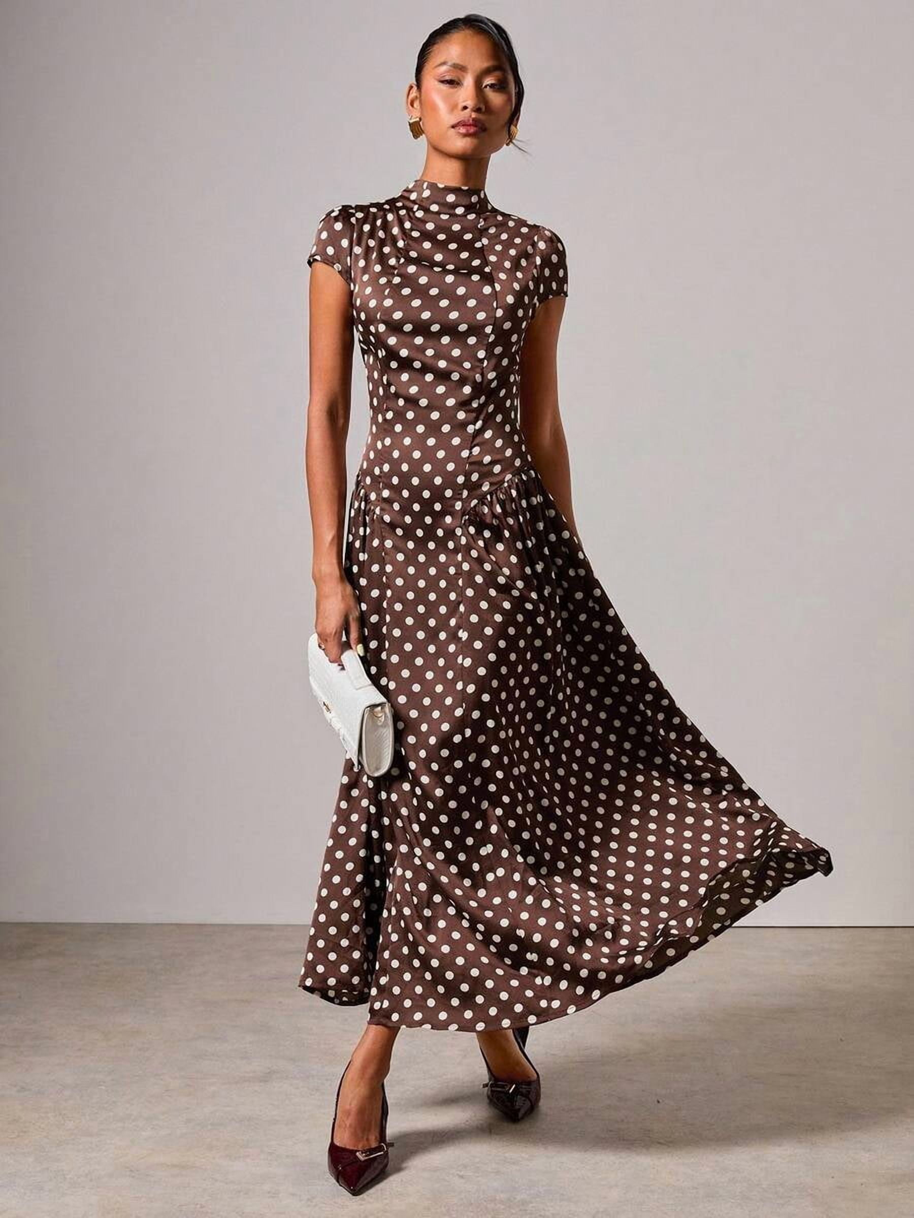 Black And White Polka Dot High Neck Short Sleeve Fitted Elegant Maxi ...