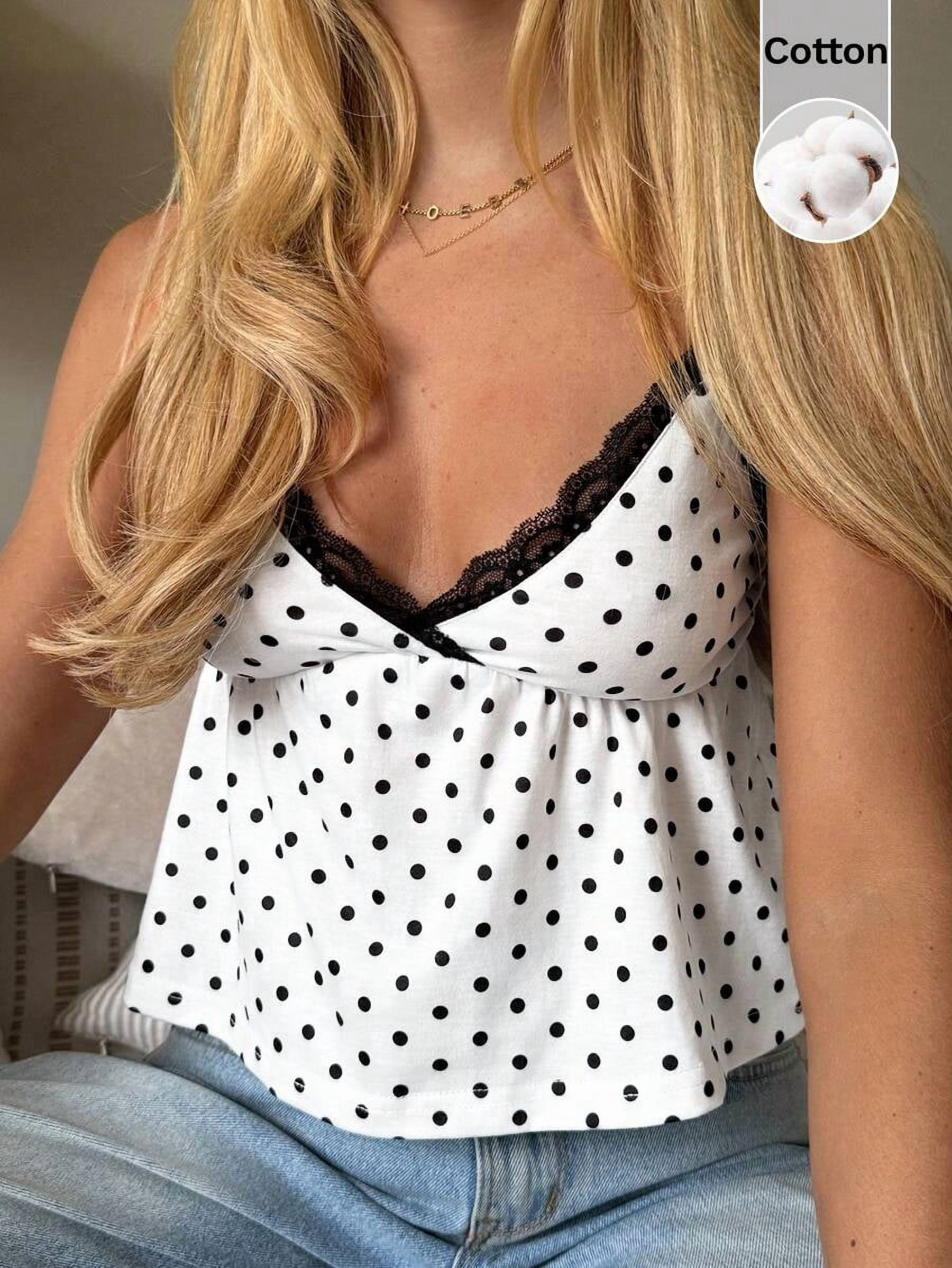Black And White Polka Dot Lace Trim Cami Top With V-Neck, Spaghetti ...