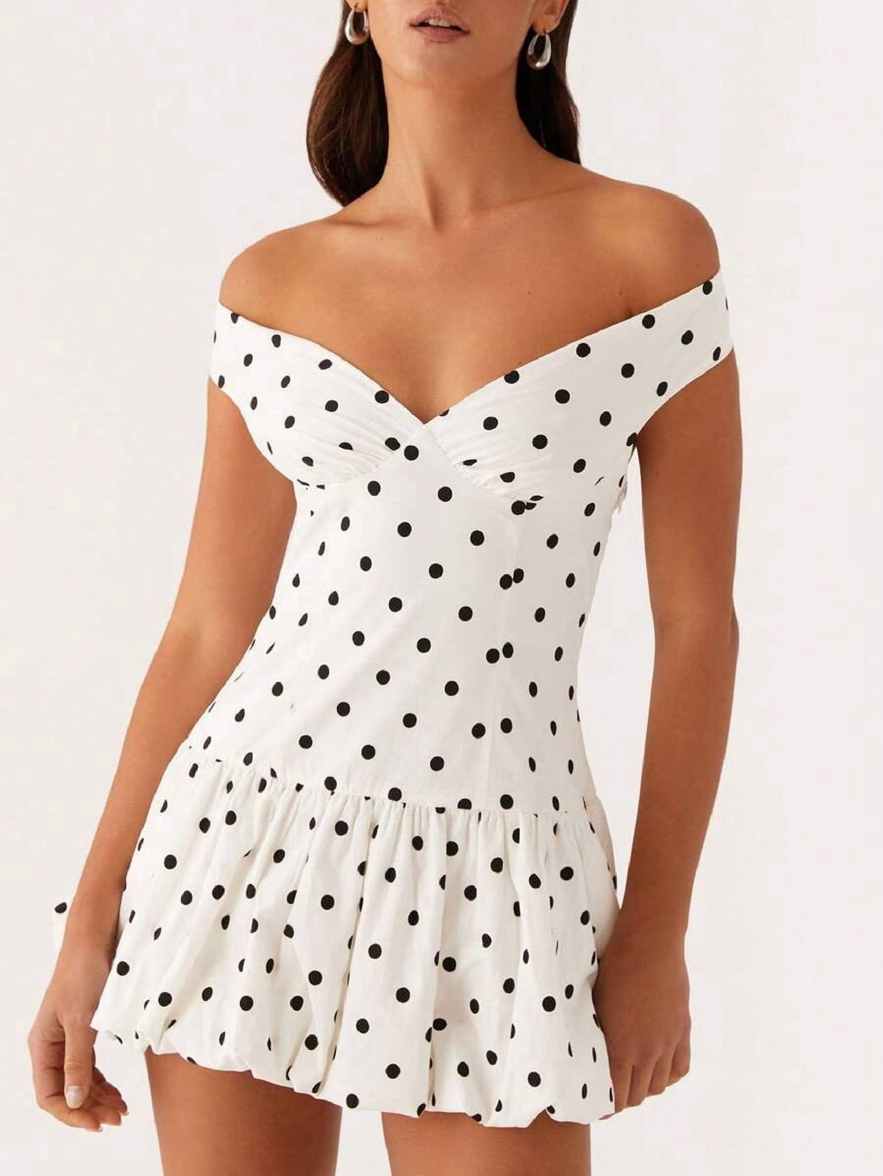 Black And White Polka Dot Off Shoulder Ruched Mini Dress With Peplum ...