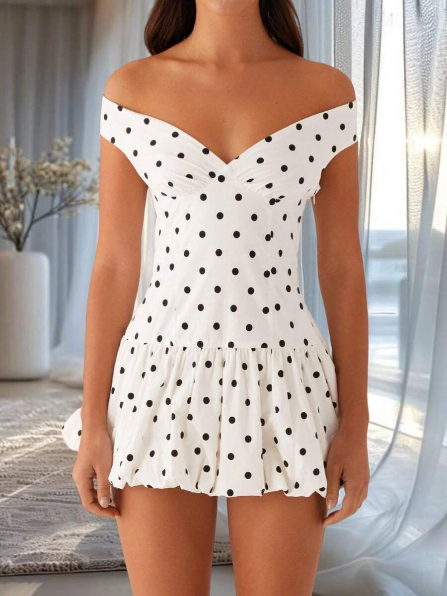 Black And White Polka Dot Off Shoulder V Neck Bubble Mini Dress A-Line ...