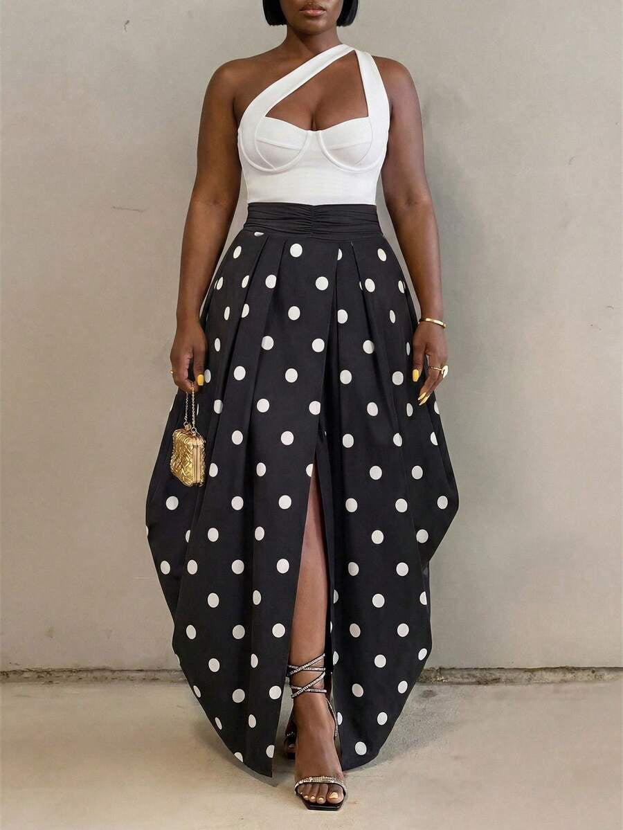Black And White Polka Dot Pleated Maxi Skirt With Front Slit, Elegant ...