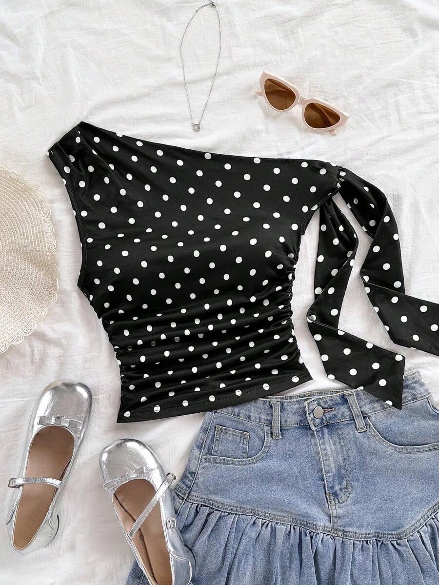 Black And White Polka Dot Ruched Asymmetric One Shoulder Top For Women ...