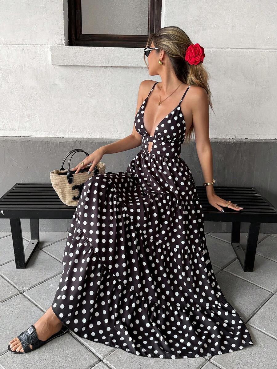 Black And White Polka Dot Spaghetti Strap V-Neck Tiered Maxi Dress For ...