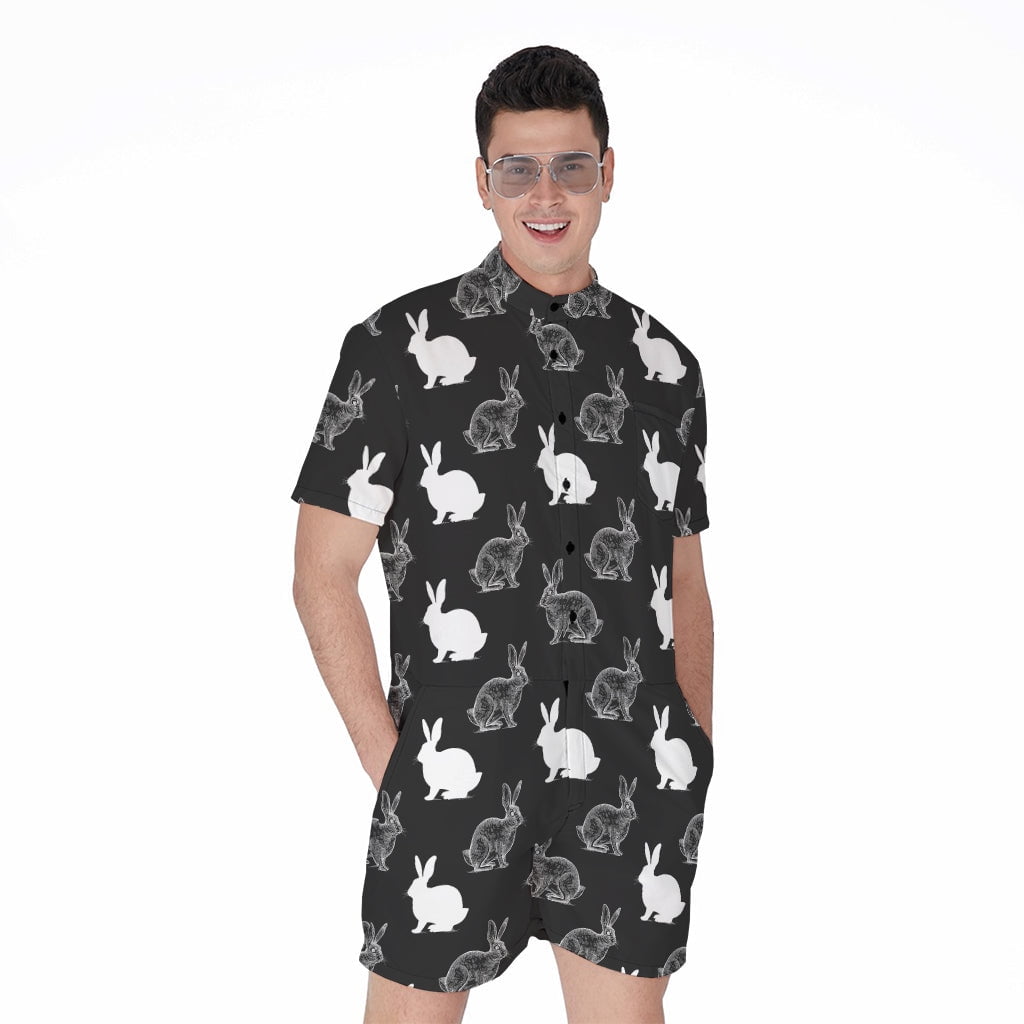 Black And White Rabbit Pattern Short Sleeve Men'S Rompers, Rabbit ...