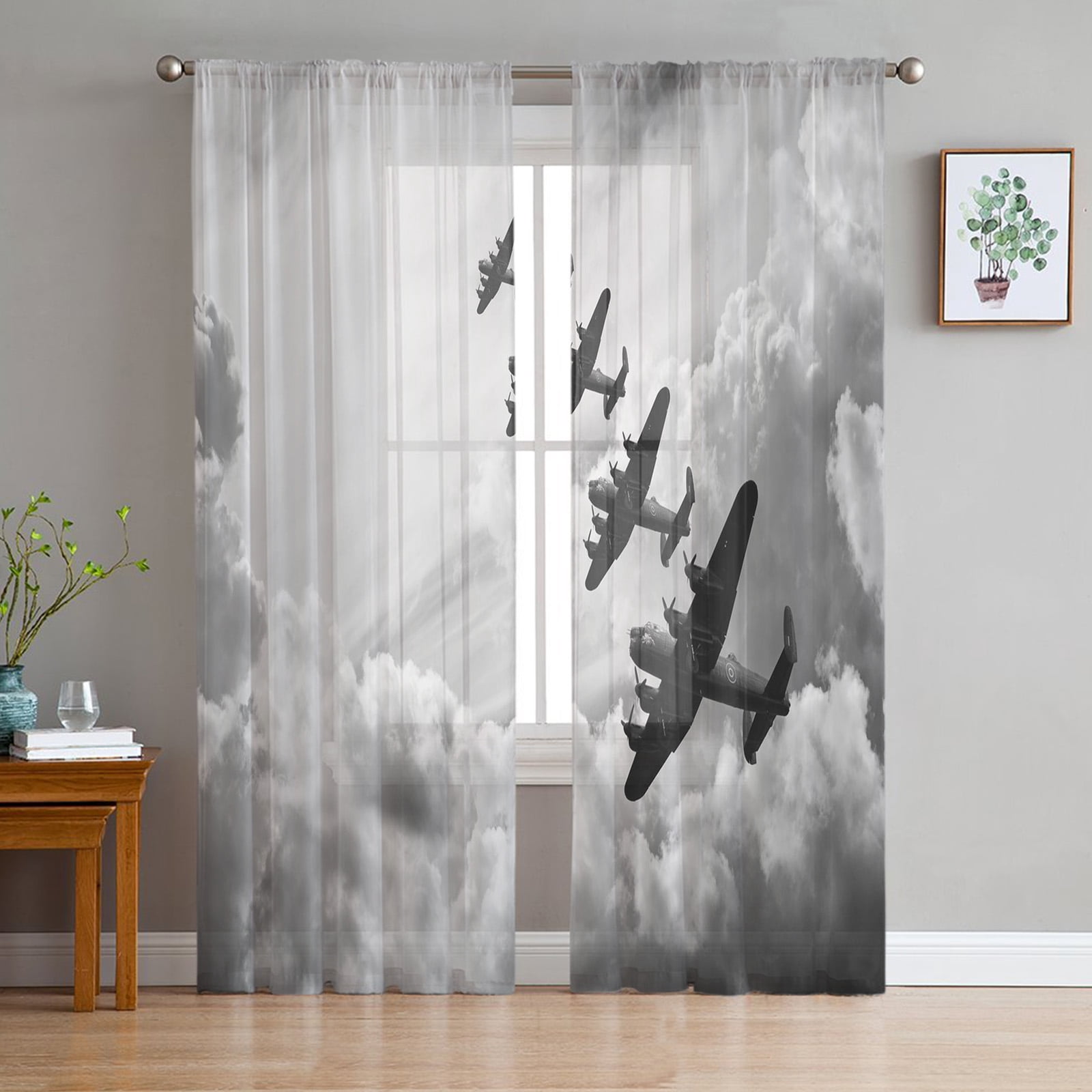 Black And White Retro Clouds Airplane Tulle Curtains for Living Room ...
