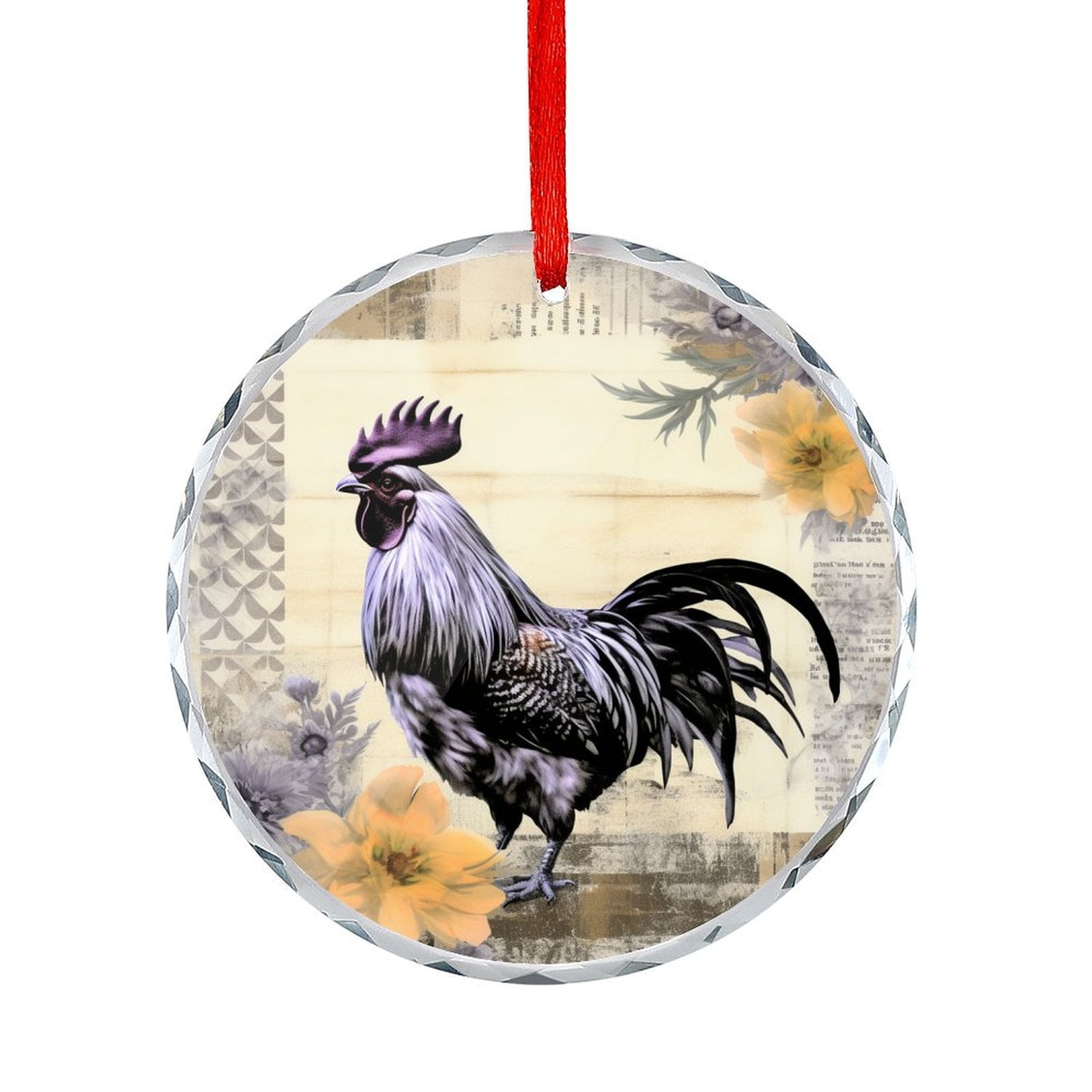 Black And White Rooster With Flowers Ornament Xmas Tree Decorations ...
