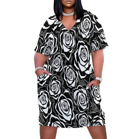 Black And White Rose Pattern Loose Pocket Dress Dresses Summer Summer ...