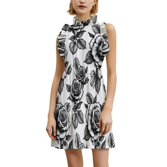 Black And White Rose Pattern Women's Fashion Casual Dress Summer Stand ...