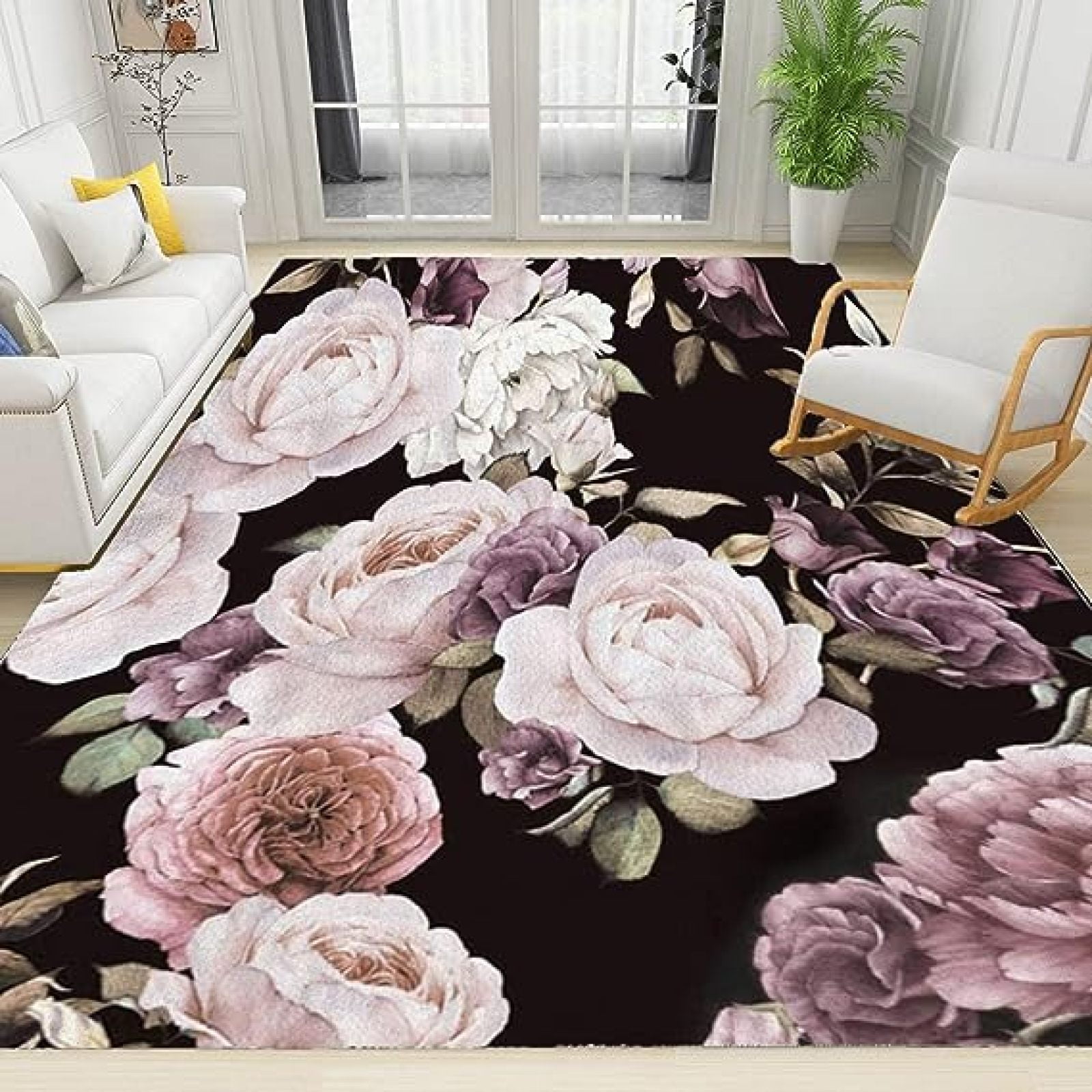 Black And White Rose Peony Flower Home Area Rug, Hand Painted Style ...