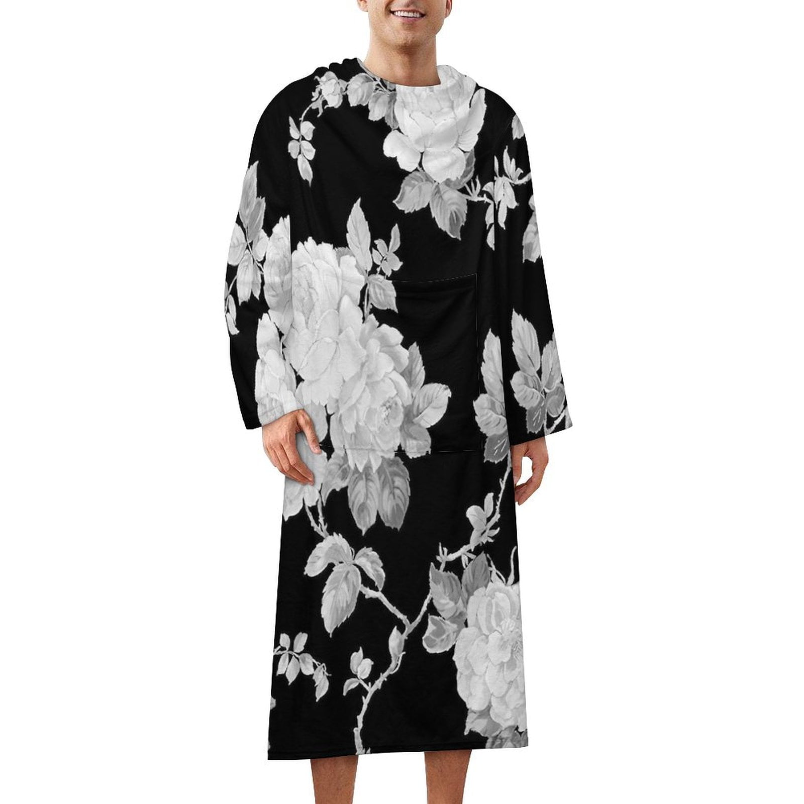 Black And White Roses Bathrobe Plush Bathrobe Cozy Unisex Winter ...