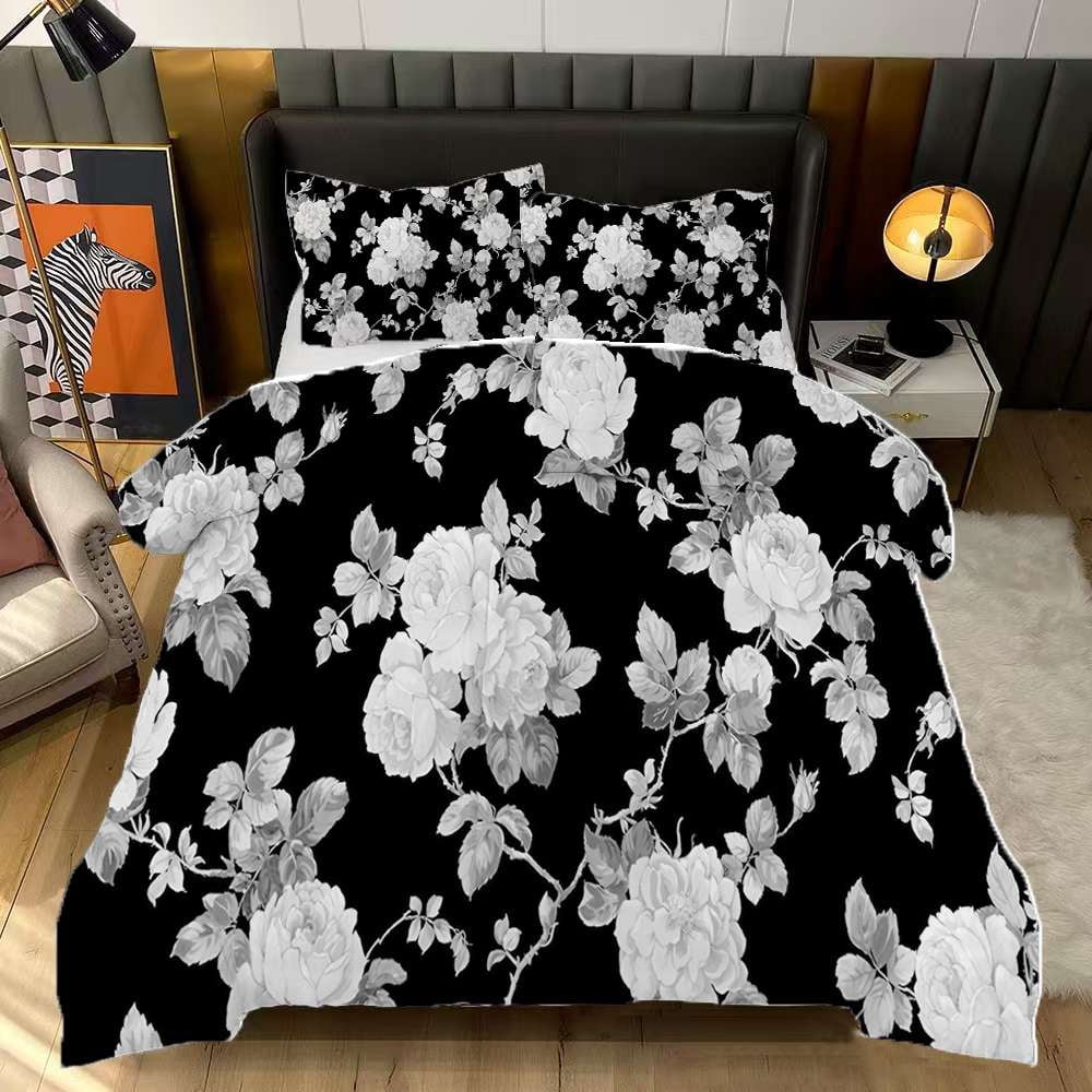 Black And White Roses Comforter Set Full Size Bedding Set For Travl ...