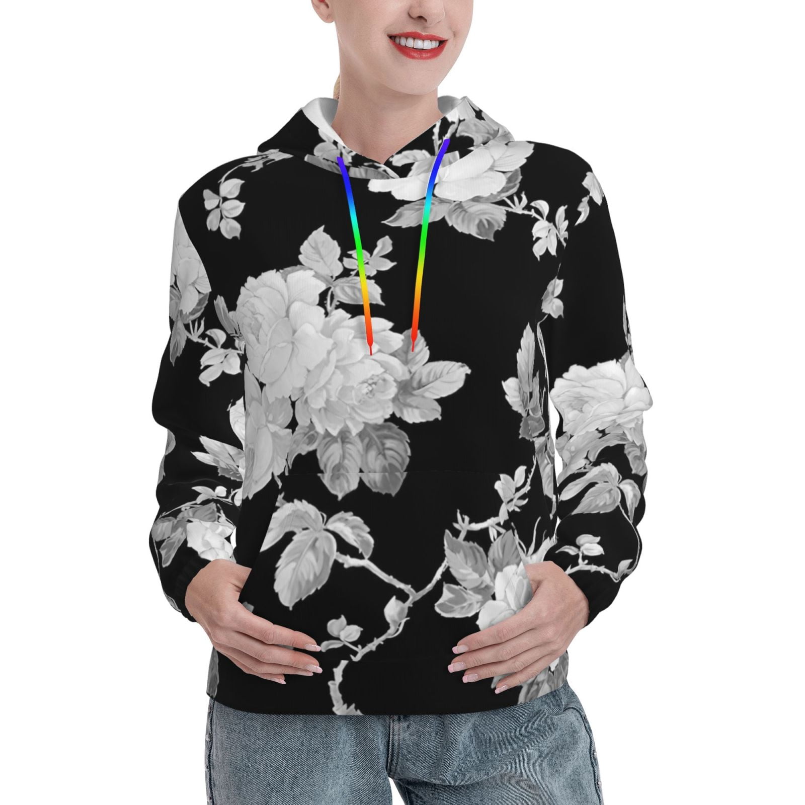Black And White Roses Cozy Women'S Hoodie Pullover Sweatshirt With ...