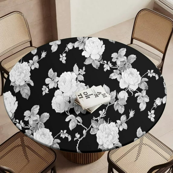 Black And White Roses Round Table Cover Kitchen Printed Waterproof ...