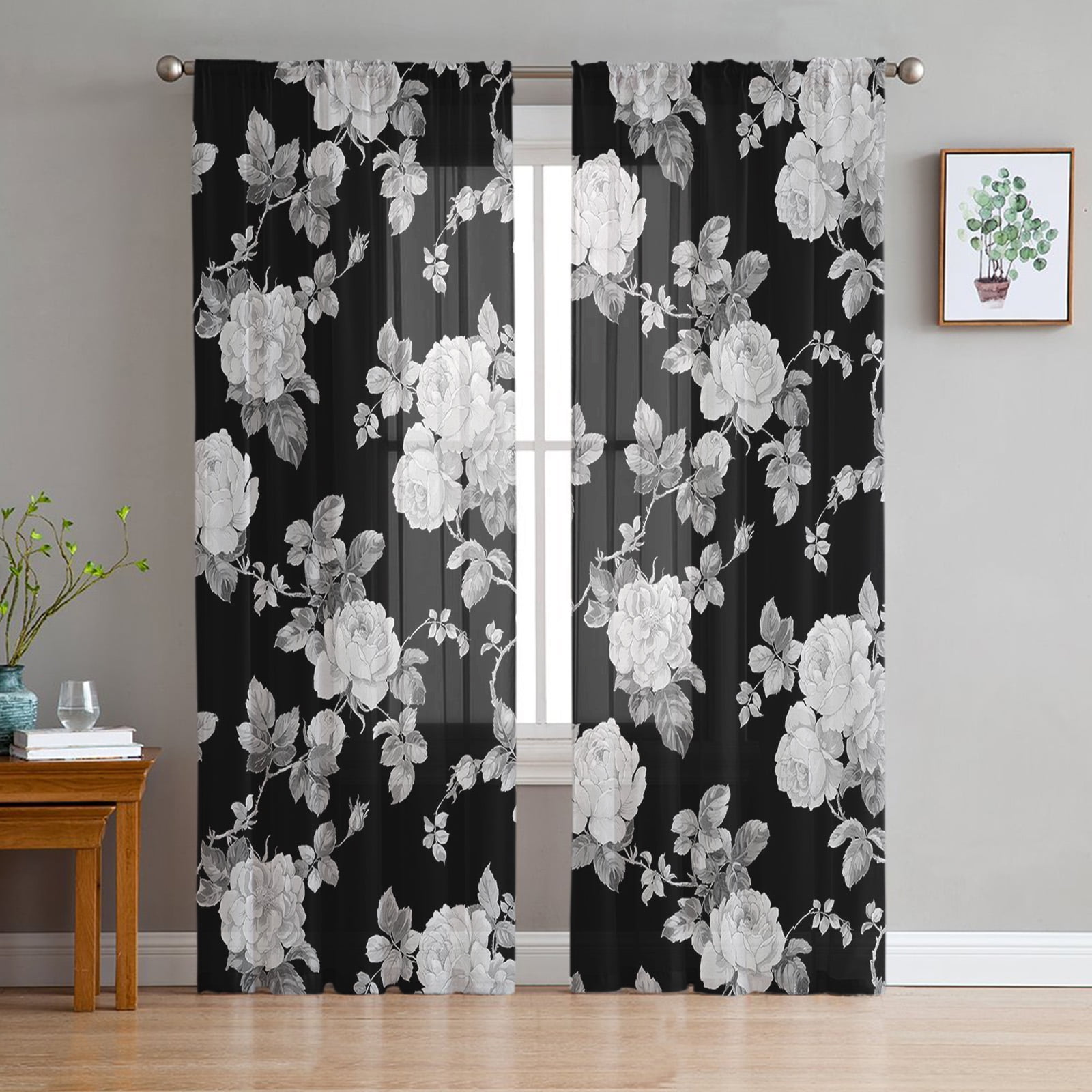 Black And White Roses Watercolor Flowers Tulle Curtains for Living Room ...