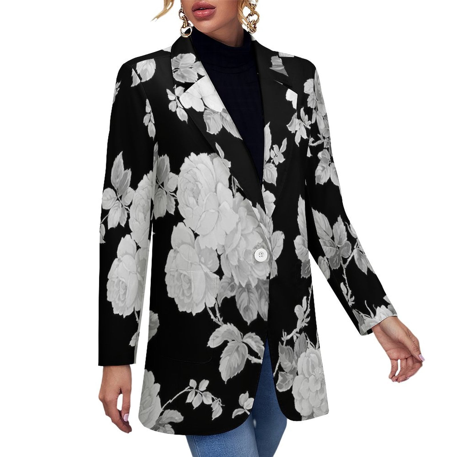 Black And White Roses Woman Casual Loose Suits Summer Jacket Woman ...