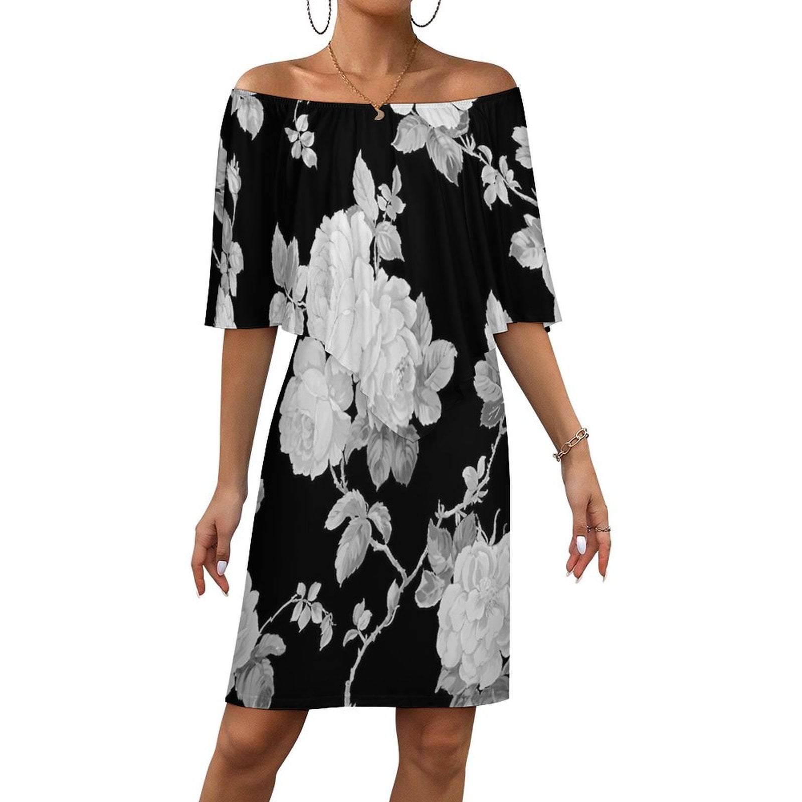 Black And White Roses Women's Off The Shoulder Ruffles Summer Wedding Guest Loose Casual Party ...