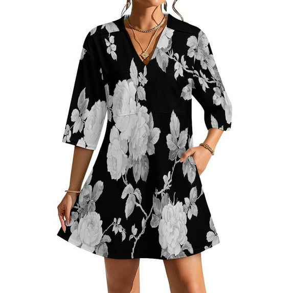 Black And White Roses Womens Dress With Pockets Summer V Neck 3/4 ...