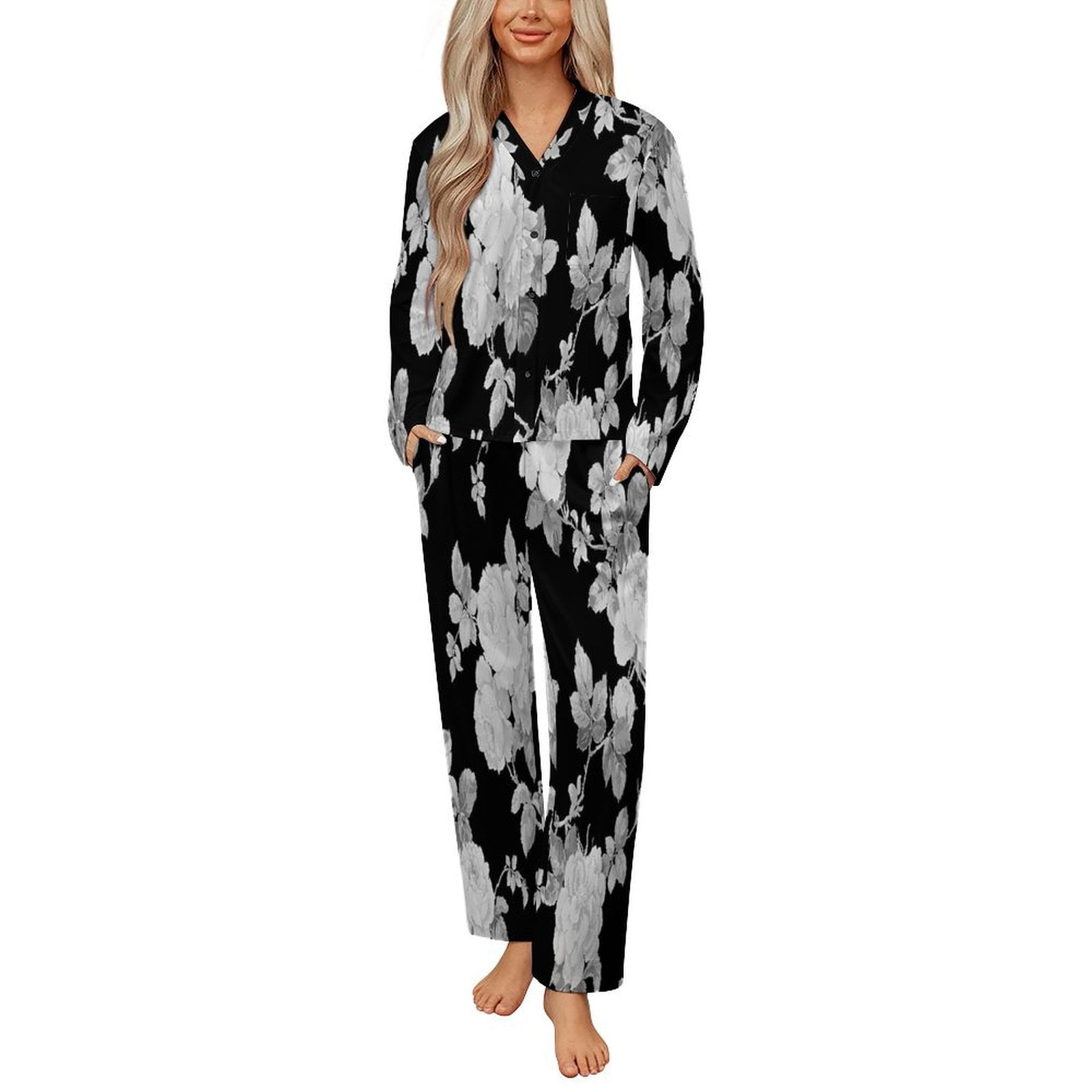 Black And White Roses Womens Pyjamas Set Button Up Pyjamas Womens with ...