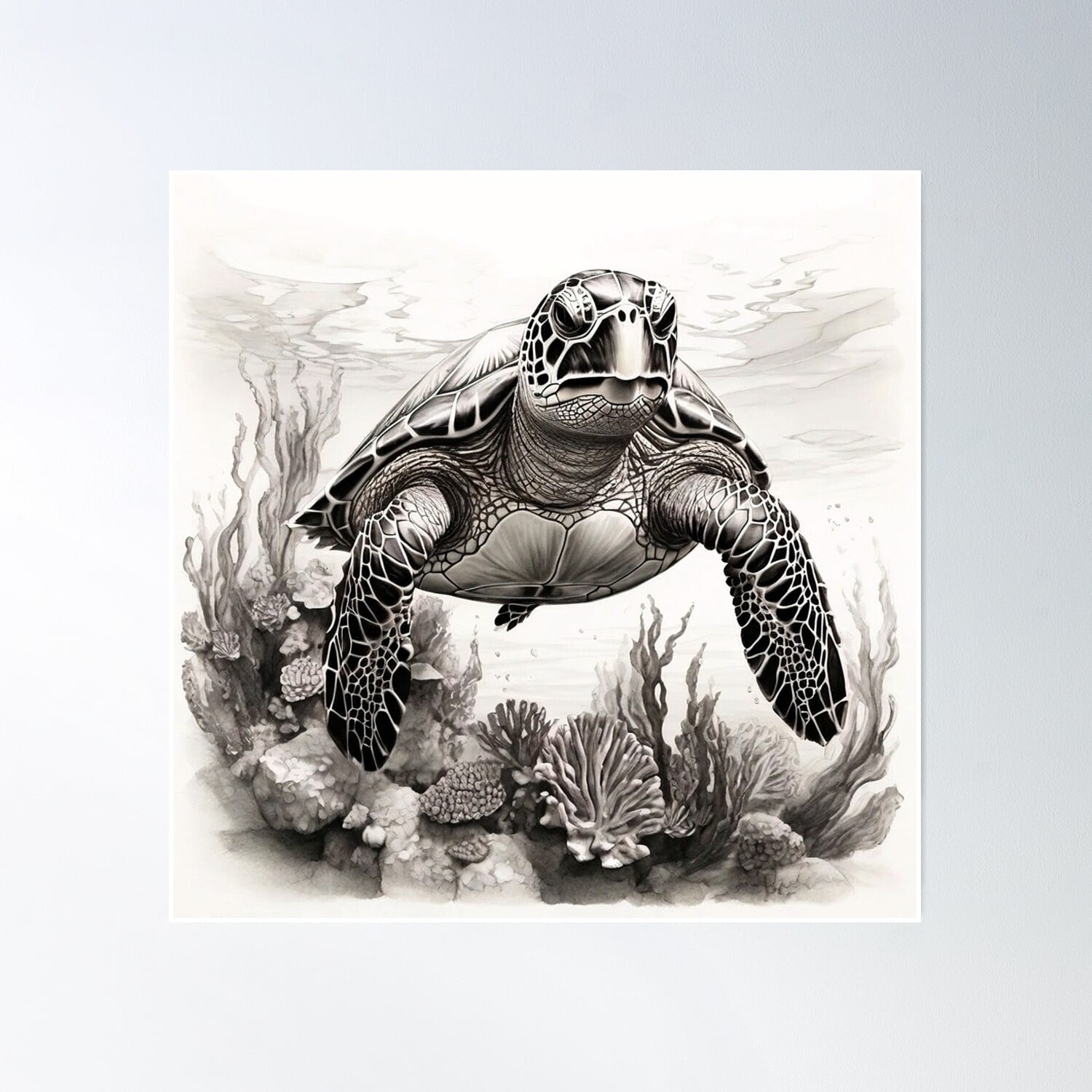 Black And White Sea Turtle Pencil Drawing Poster Wall Art, Modern Wall ...