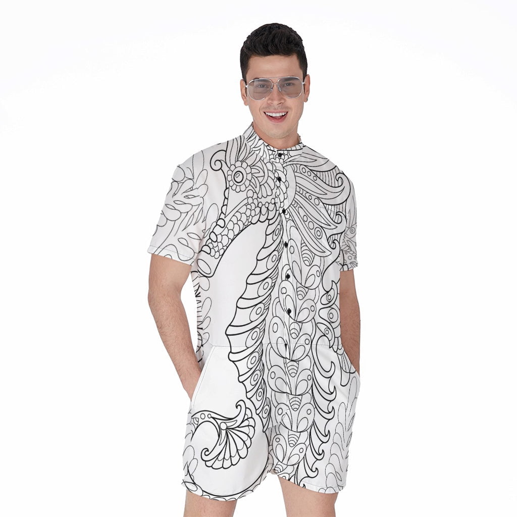 Black And White Seahorse Short Sleeve Men'S Rompers, Sea Ocean Casual ...