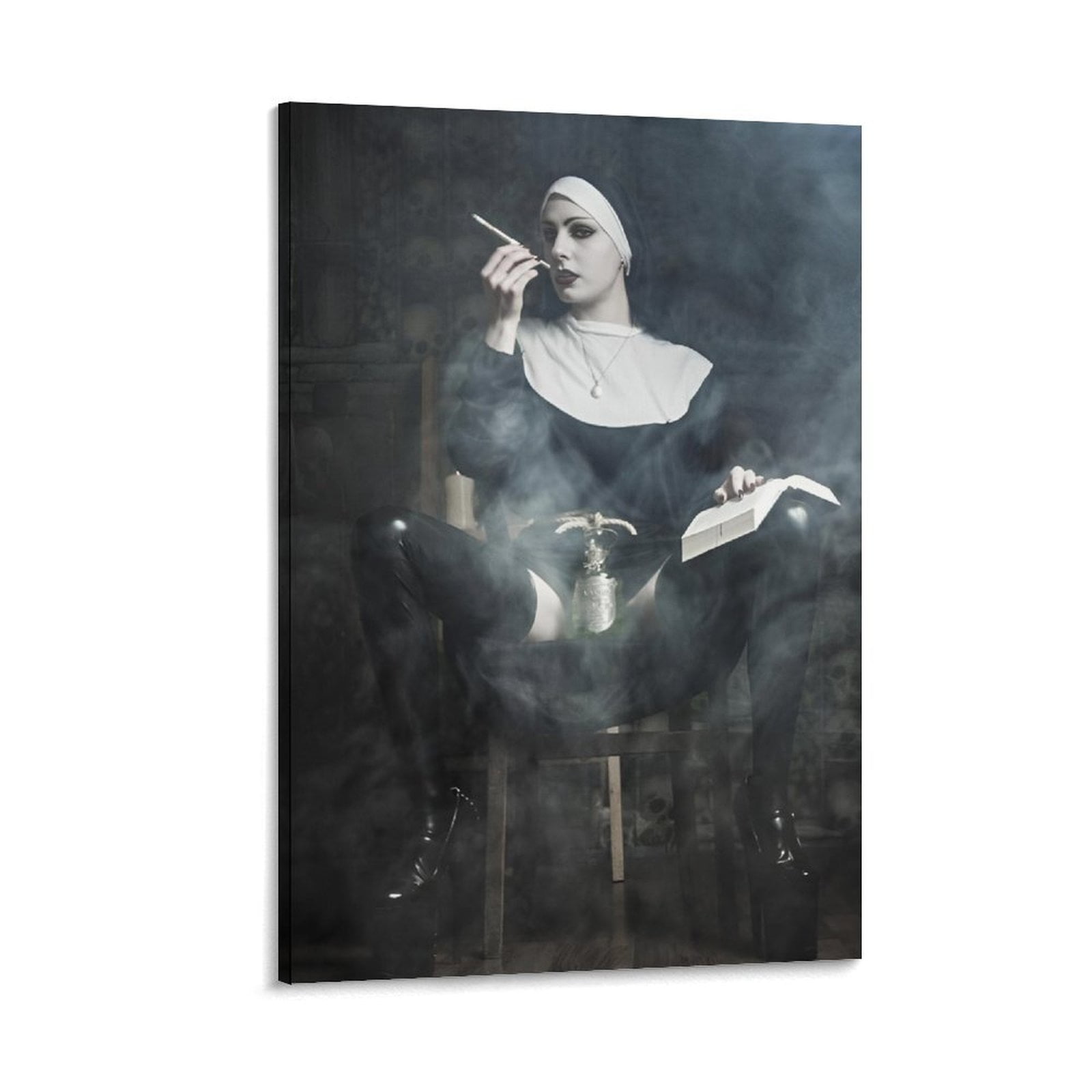 Black And White Sexy Nun Smoking Cigarette Poster 2 Canvas Wall Art ...