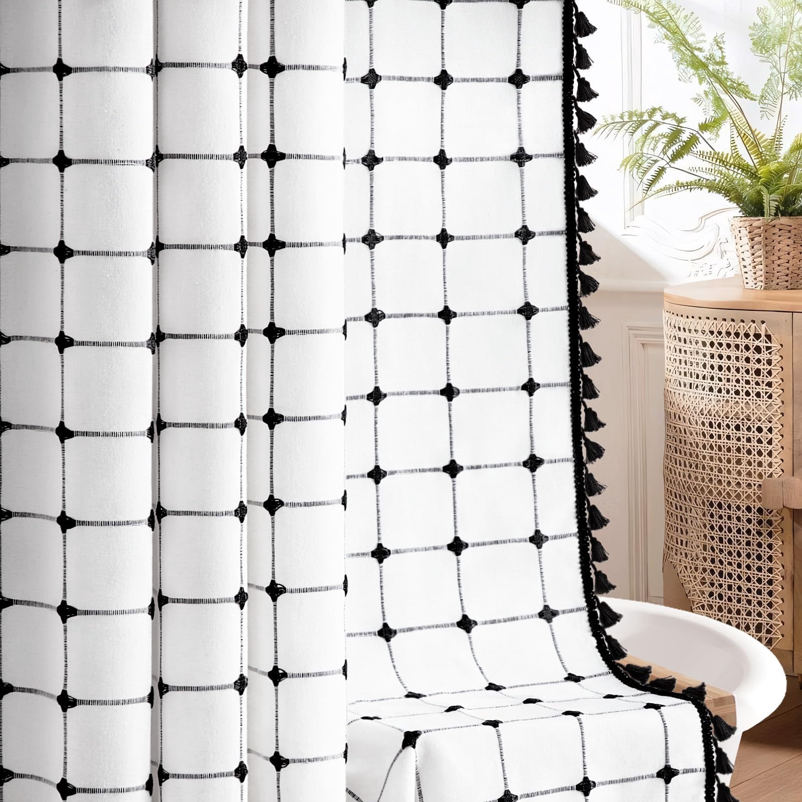 Black And White Shower Curtain Boho Linen Fabric Extra Long With ...