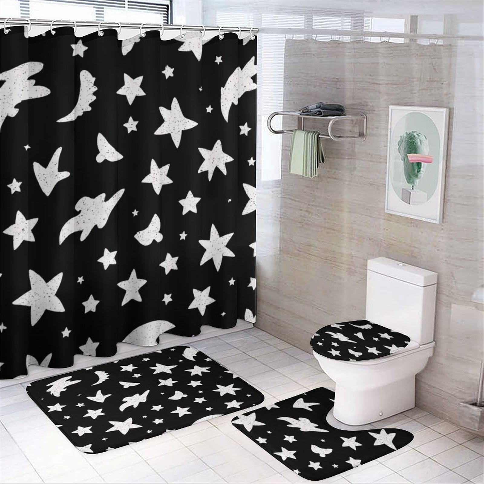 Black And White Star Pattern Shower Curtain Waterproof Bathroom Curtain ...