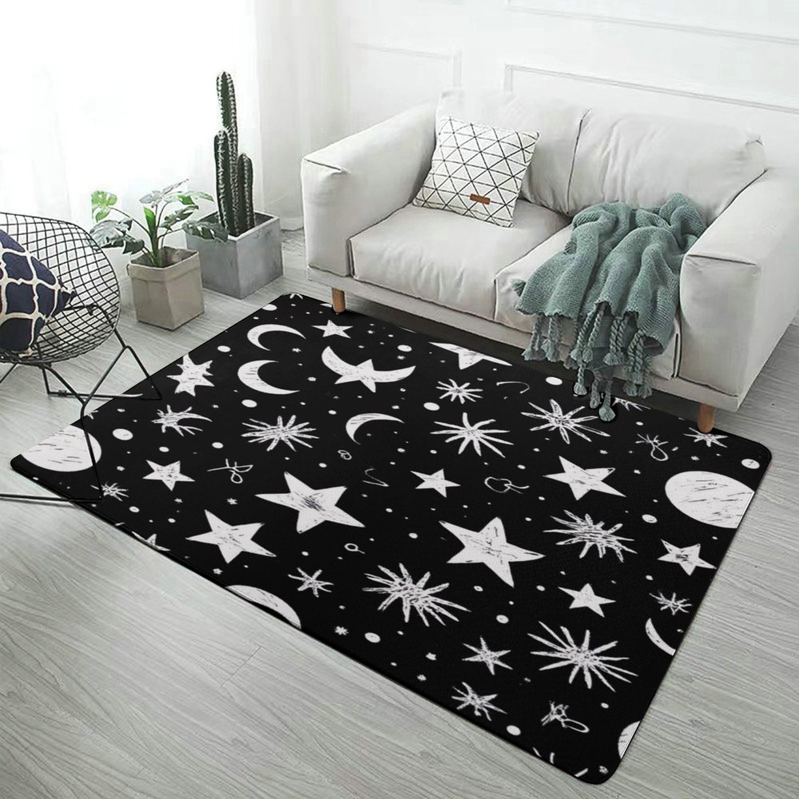 Black And White Starry Night Print Carpet Rug for Home Living Room ...