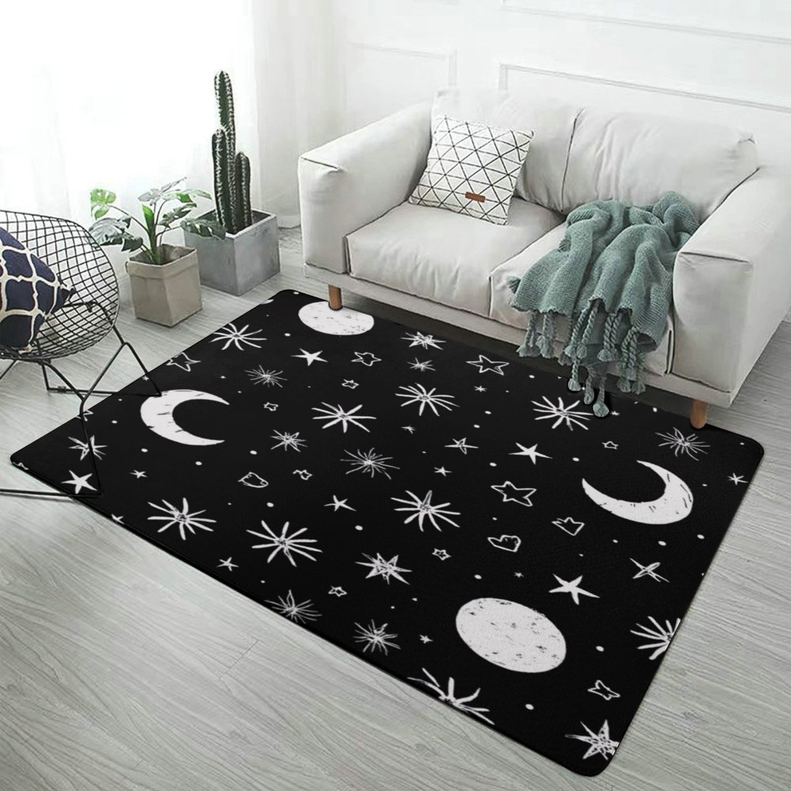 Black And White Starry Night Print Carpet Rug for Home Living Room ...