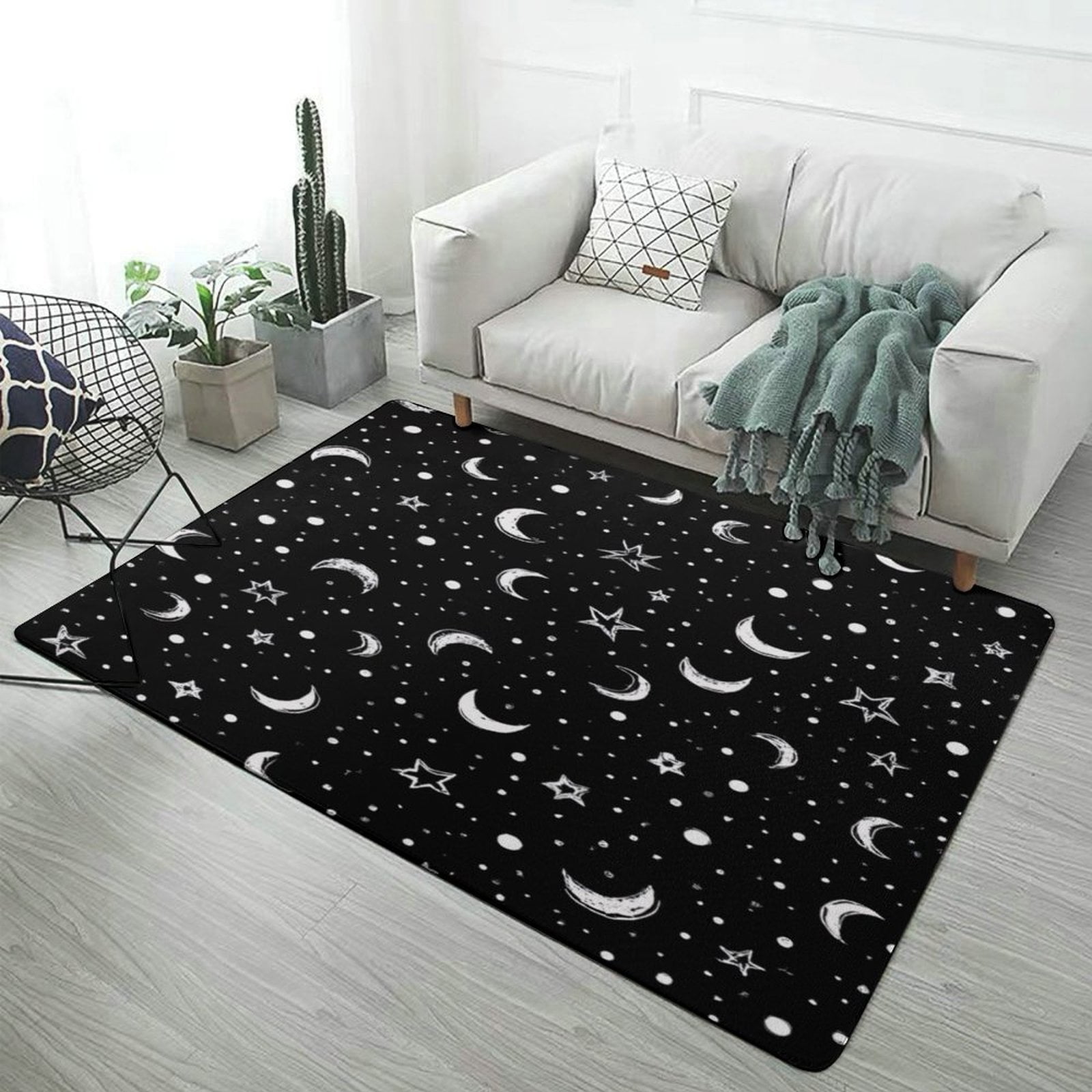Black And White Starry Night Print Carpet Style Living Room Bedroom Rug ...
