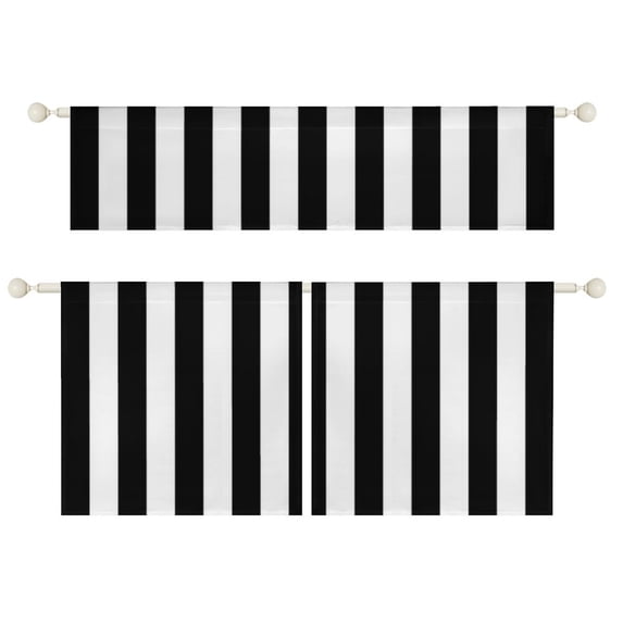Black And White Stripe Kitchen Curtain Valance Tier Set, 3 Pieces Semi ...