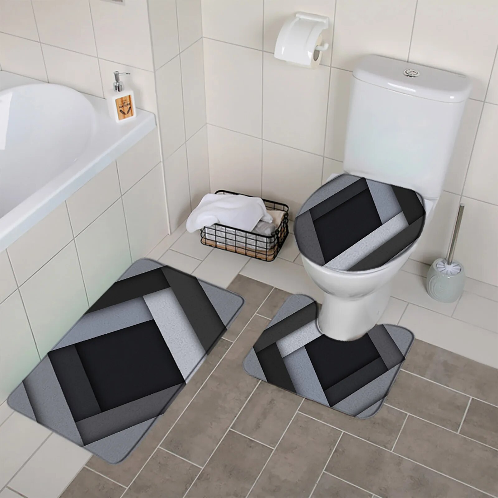 Black And White Striped Geometric Bath Mat Art Set Striped Grid ...