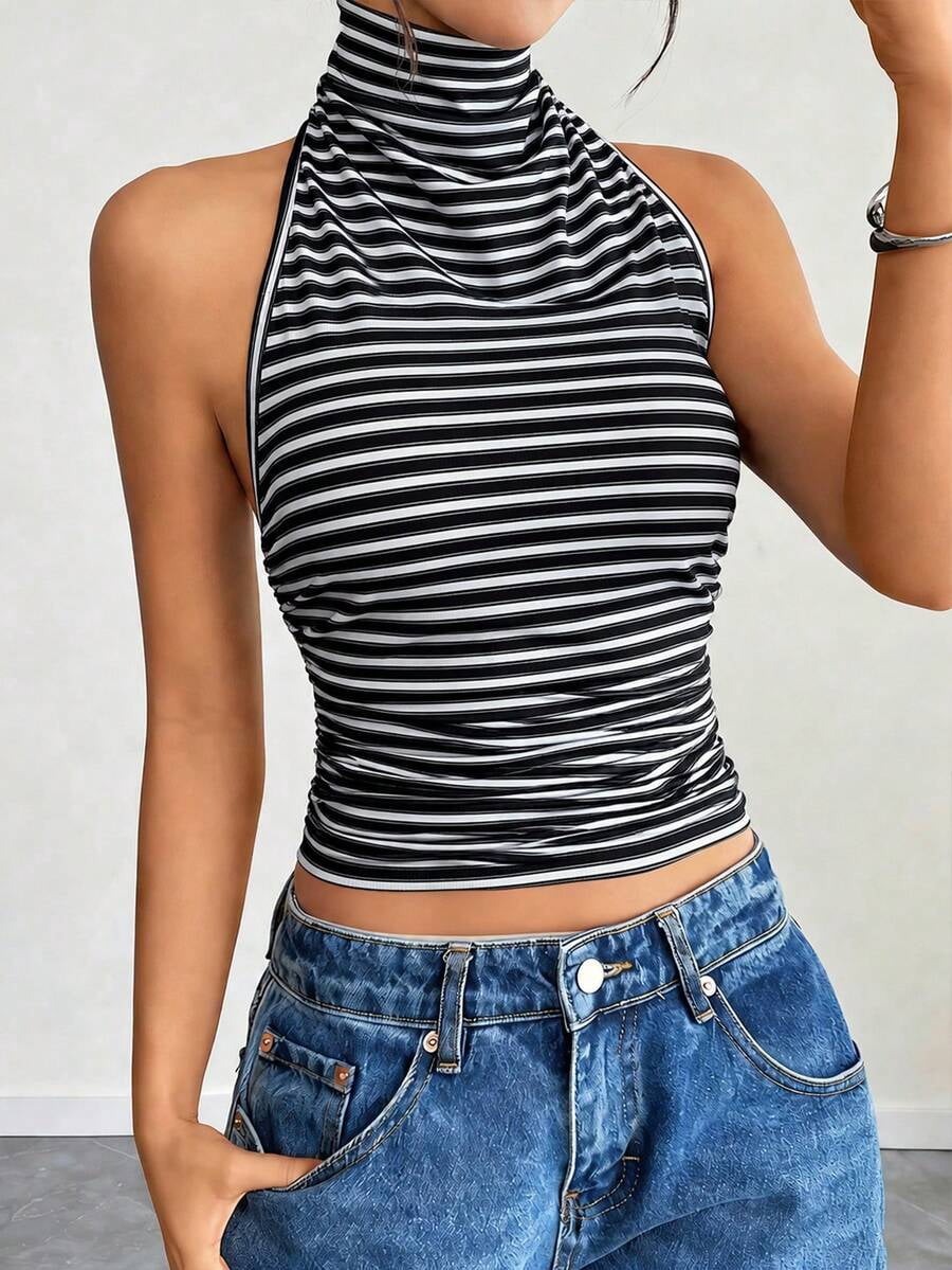 Black And White Striped High Neck Sleeveless Ruched Crop Tank Top For ...