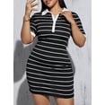 Black And White Striped Polo Collar Button-Up Slim Fit Casual Mini ...