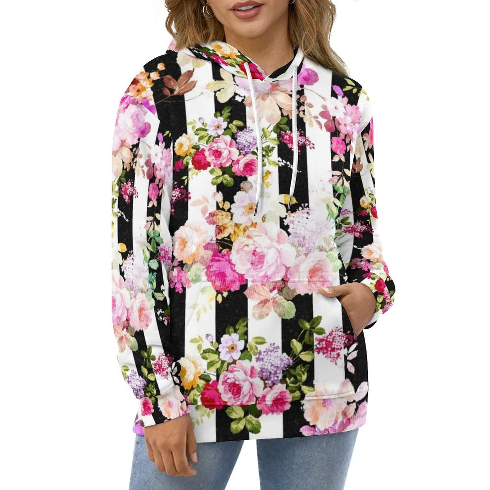 Black And White Stripes Bright Pink Roses Floral Pullovers Hoodies Long ...