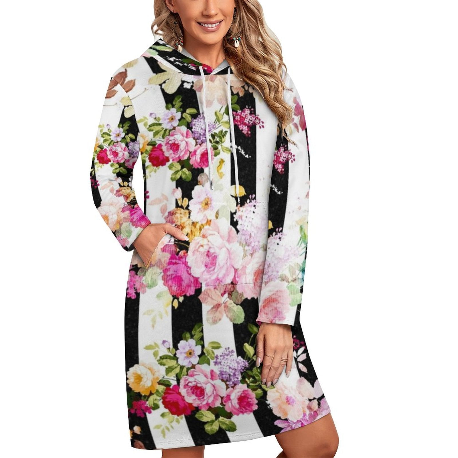 Black And White Stripes Bright Pink Roses Floral Pullovers Hoodies Long ...
