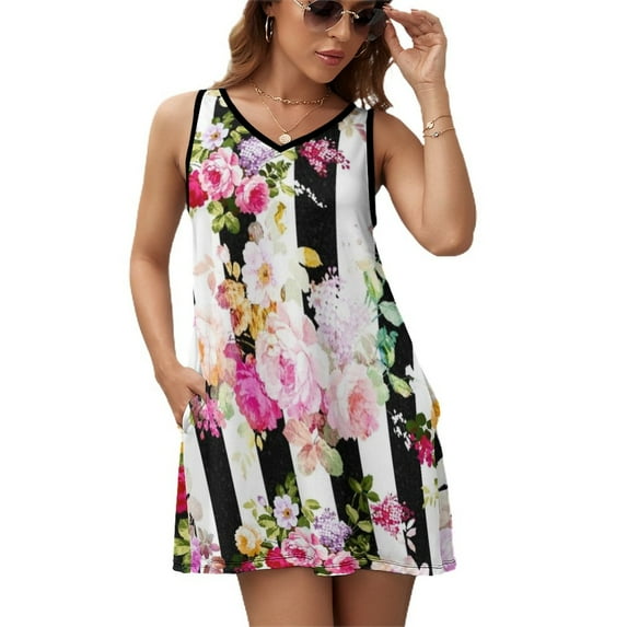 Black And White Stripes Bright Pink Roses Floral Square Neck Dress Cute ...