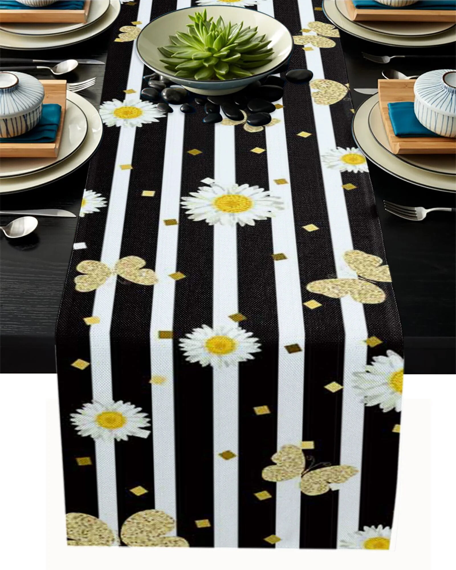 Black And White Stripes Daisy Butterfly Flower Table Runner Home ...