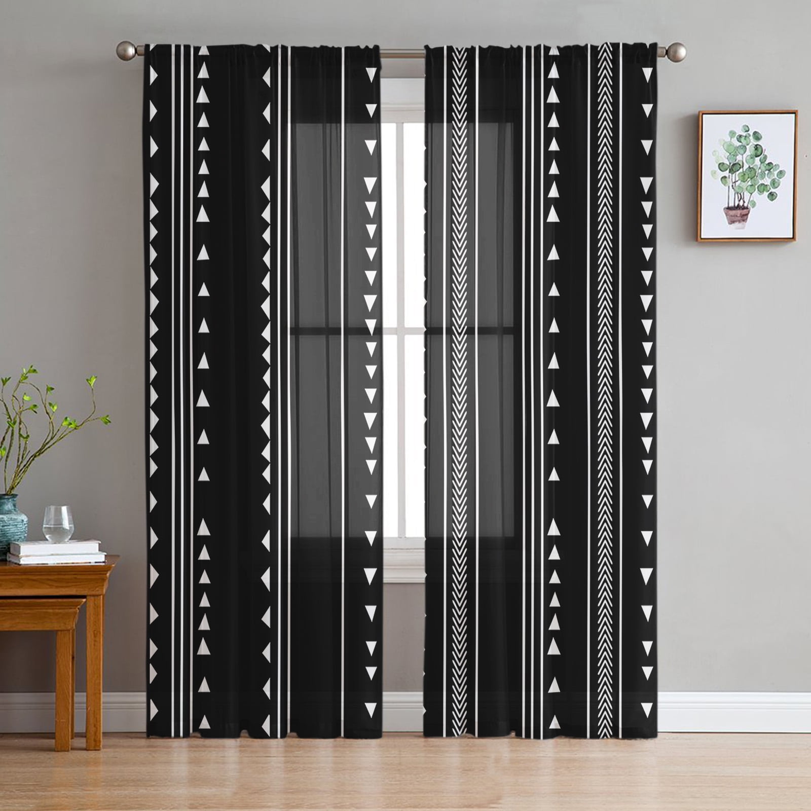 Black And White Stripes Geometric Sheer Curtains for Living Room Voile ...