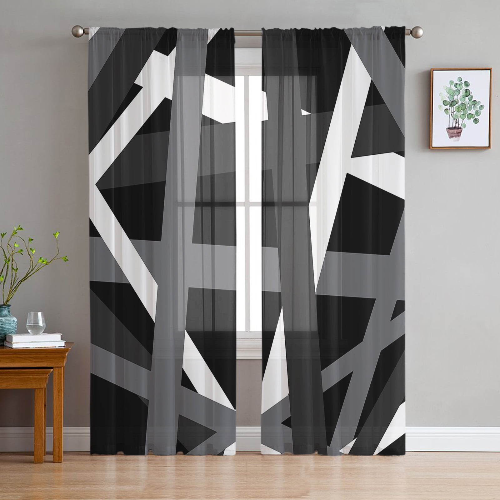 Black And White Stripes Geometric Sheer Curtains for Living Room Voile Curtain Bedroom Bathroom ...