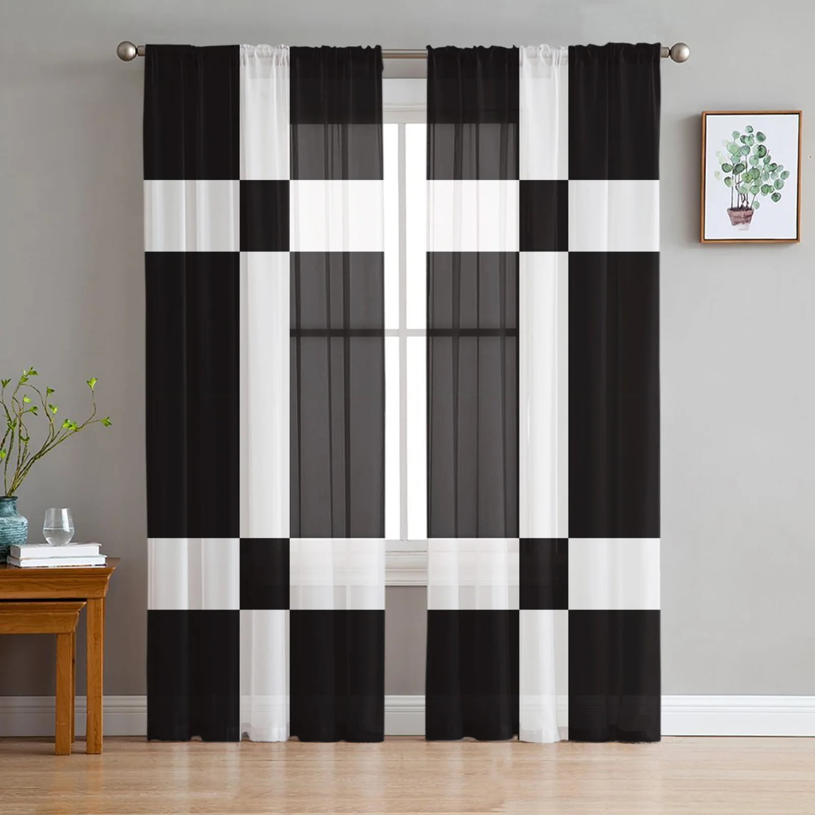 Black And White Stripes Geometric Tulle Window Curtain for Living Room ...