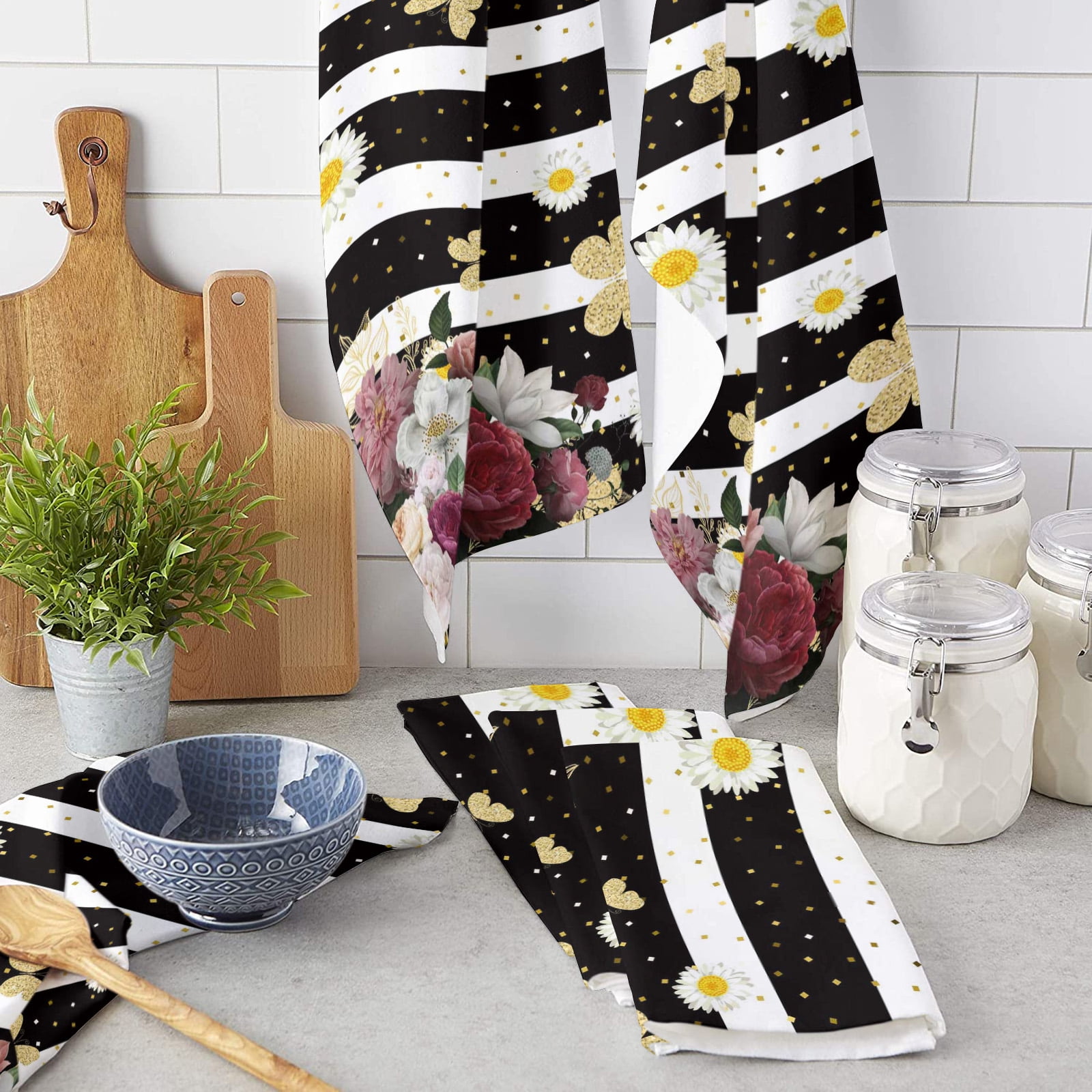 Black And White Stripes Kitchen Towel Cleaning Cloth Microfiber Soft ...